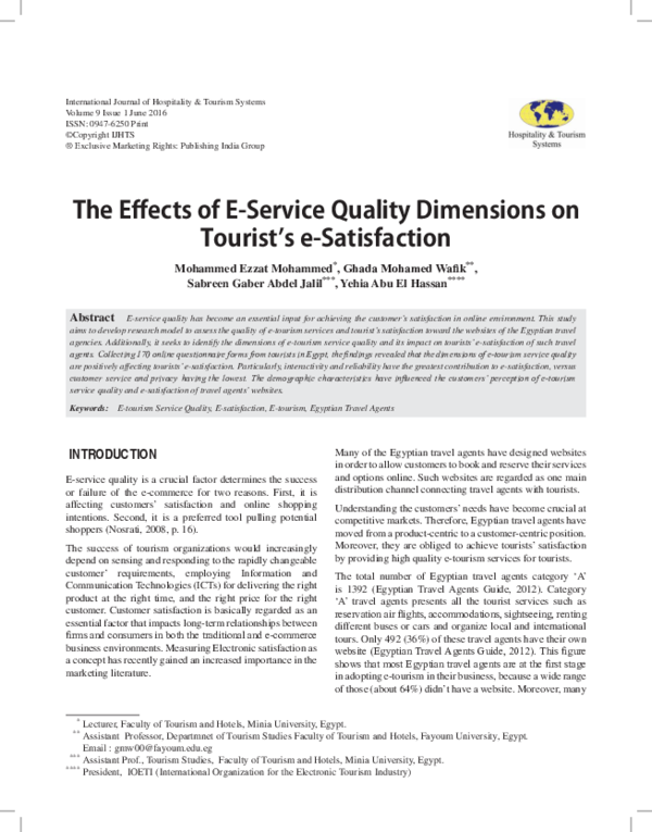 (PDF) The Effects of E-Service Quality Dimensions on Tourist's e ...