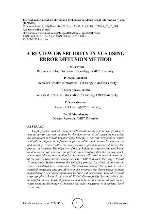 Pdf A Review On Security In Vcs Using Error Diffusion Method