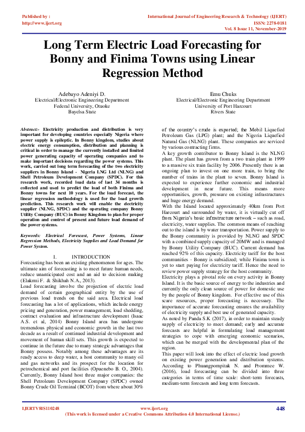 Pdf Long Term Electric Load Forecasting For Bonny And Finima Towns Using Linear Regression Method