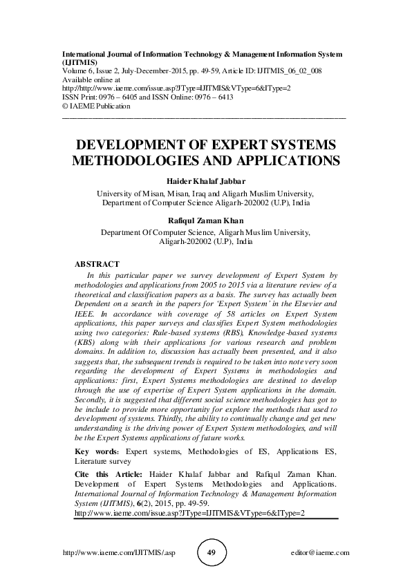 (PDF) DEVELOPMENT OF EXPERT SYSTEMS METHODOLOGIES AND APPLICATIONS