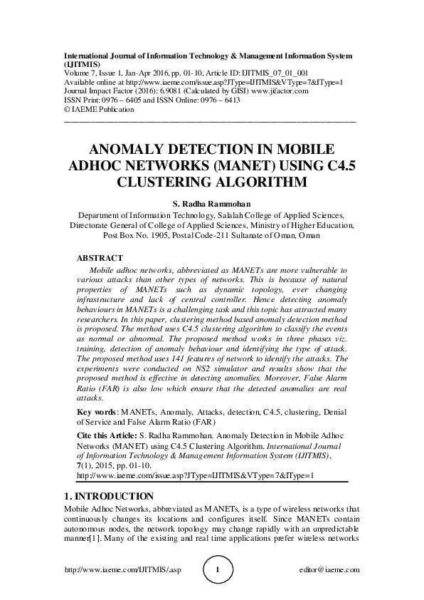 (PDF) ANOMALY DETECTION IN MOBILE ADHOC NETWORKS (MANET) USING C4.5 CLUSTERING ALGORITHM