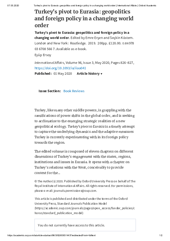 (PDF) Turkeys Pivot to Eurasia : Geopolitics and Foreign Policy in a ...
