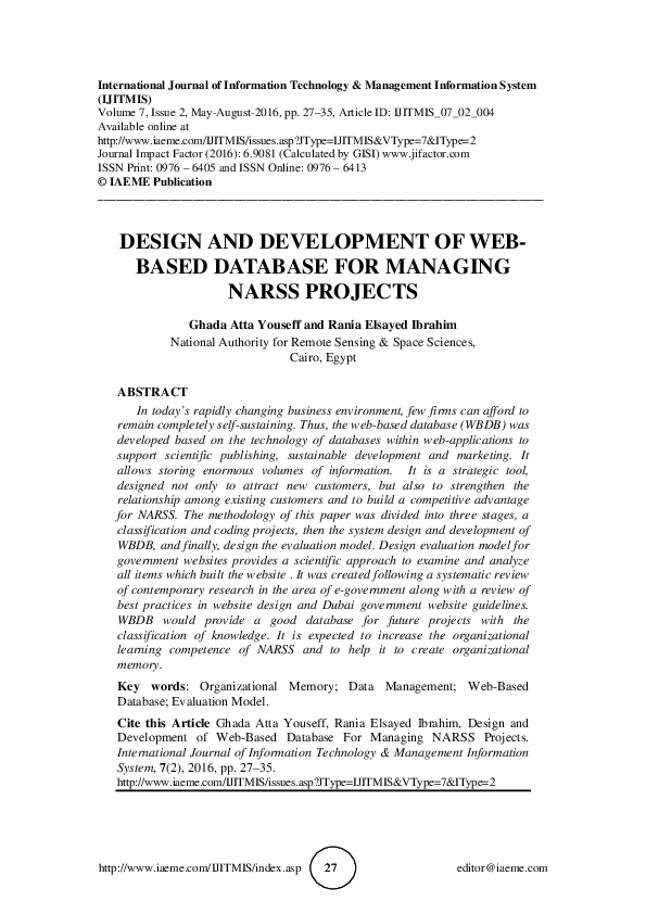 Pdf Design And Development Of Webbased Database For Managing Narss Projects Iaeme 
