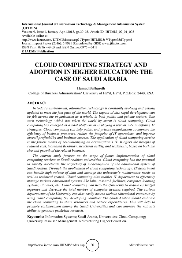 Pdf Cloud Computing Strategy And Adoption In Higher Education The Case Of Saudi Arabia