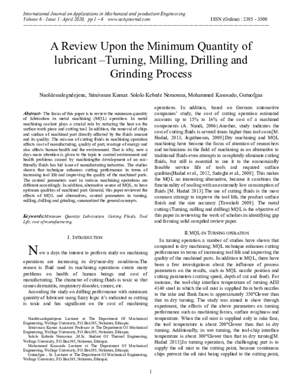 Pdf A Review Upon The Minimum Quantity Of Lubricant Turning Milling Drilling And Grinding
