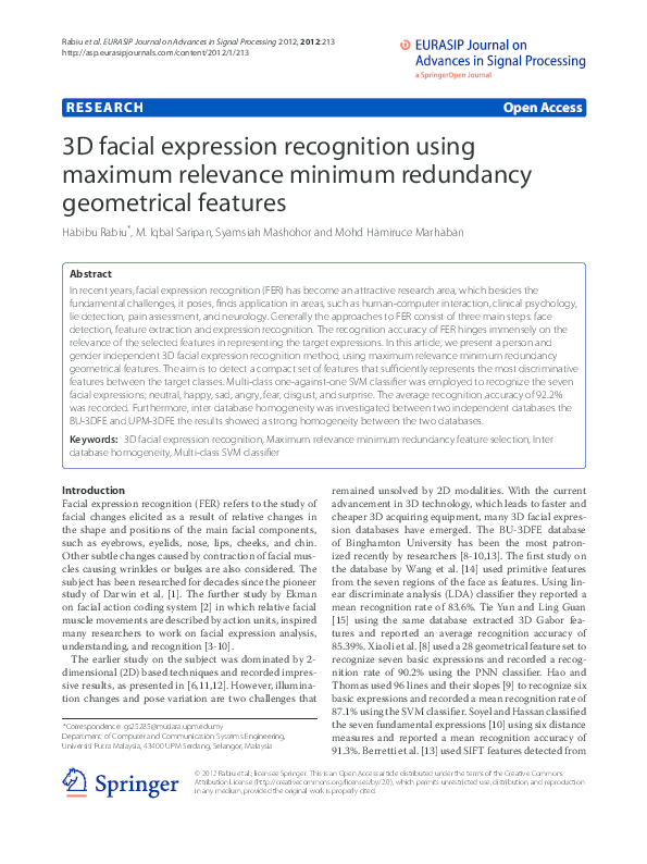 (PDF) 3D facial expression recognition using maximum relevance minimum redundancy geometrical ...