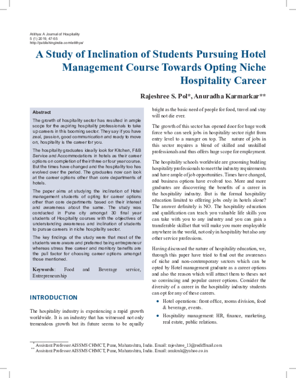 (PDF) A Study of Inclination of Students Pursuing Hotel Management ...