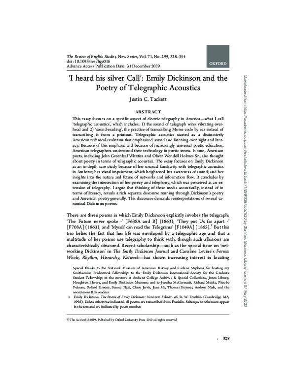 (PDF) Justin C. Tackett, "'I heard his silver Call': Emily Dickinson ...