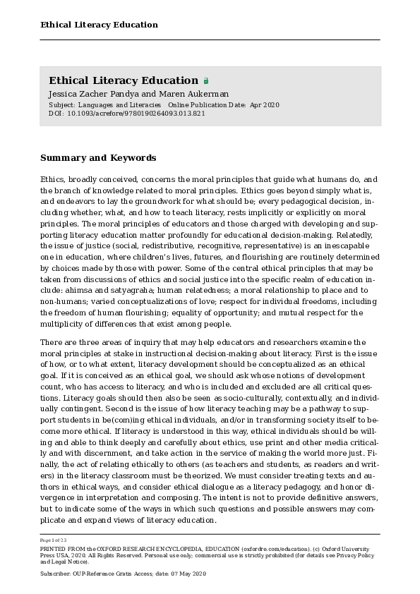 (PDF) Ethical Literacy Education