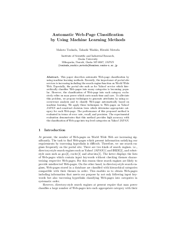Pdf Automatic Web Page Classification By Using Machine Learning Methods