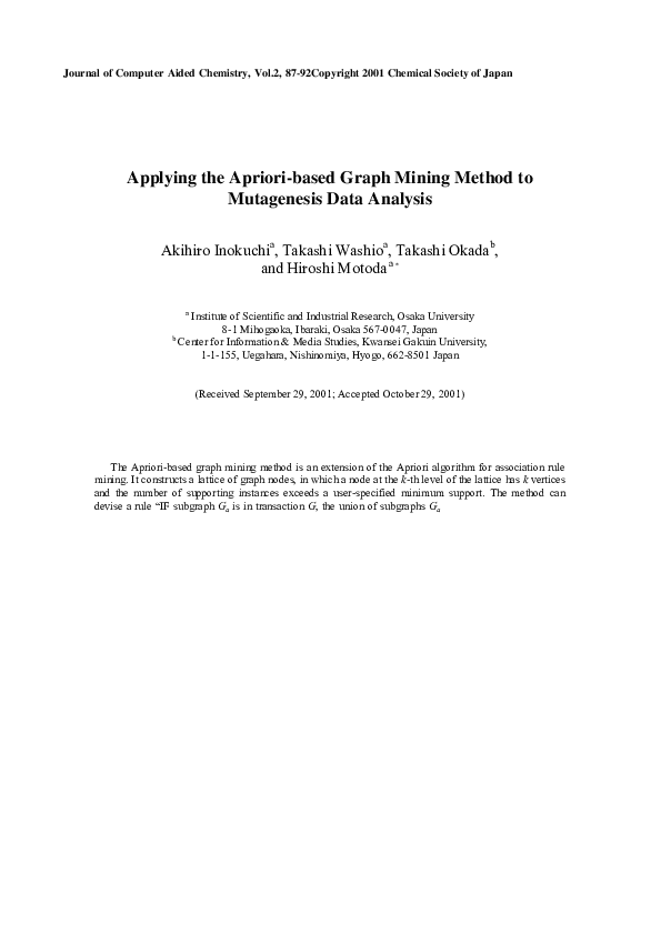 Pdf Applying The Apriori Based Graph Mining Method To Mutagenesis
