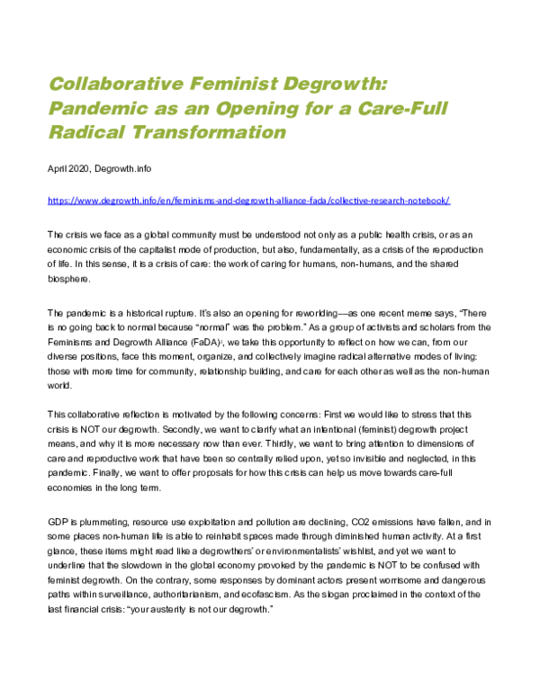 (DOC) Collaborative Feminist Degrowth: Pandemic as an Opening for a ...