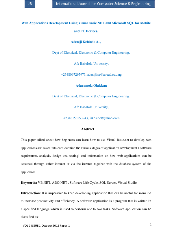 Pdf Web Applications Development Using Visual Basicnet And Microsoft Sql For Mobile And Pc