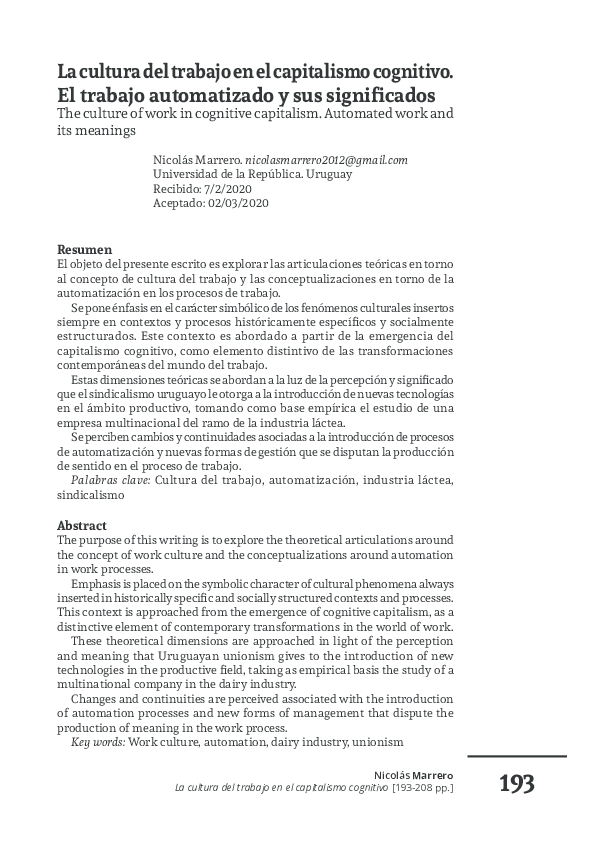 (PDF) The culture of work in cognitive capitalism. Automated work and ...