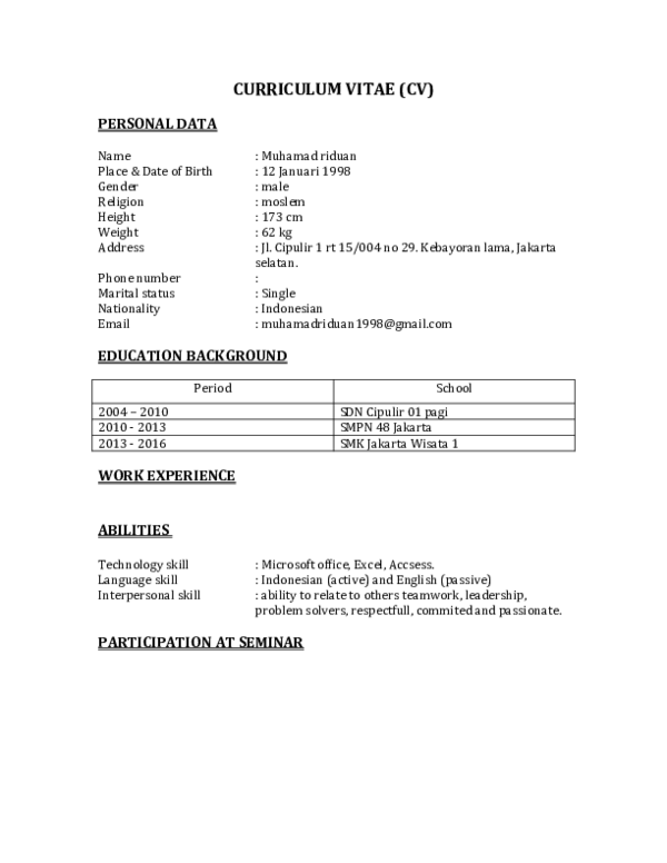 (DOC) CURRICULUM VITAE (CV) PERSONAL DATA