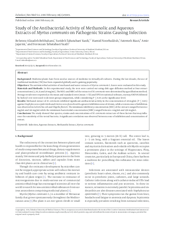 (PDF) Study of the Antibacterial Activity of Methanolic and Aqueous Extracts of Myrtus communis ...