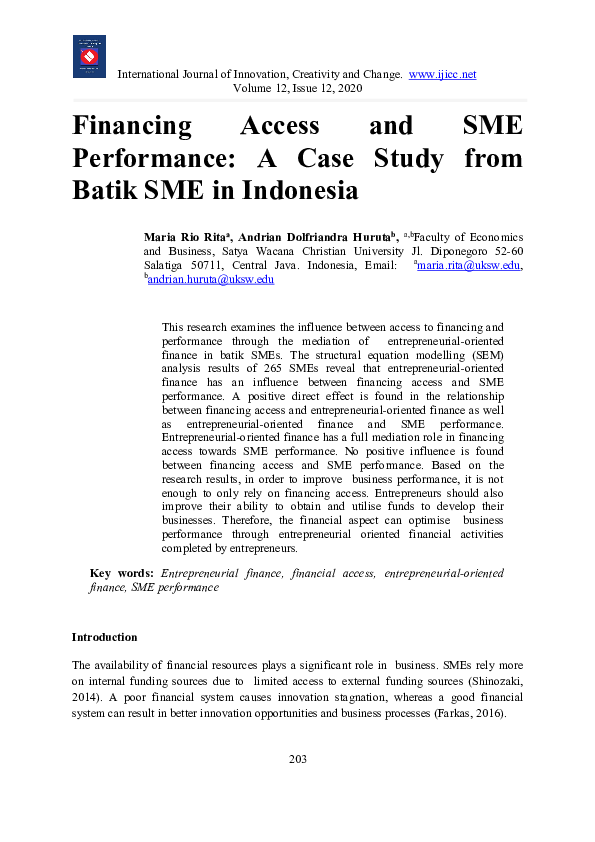 (PDF) Financing Access and SME Performance: A Case Study from Batik SME in Indonesia