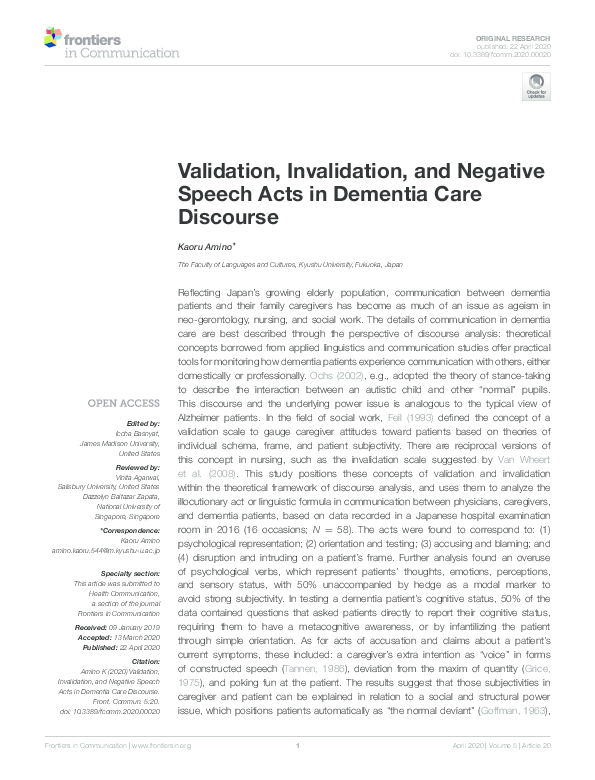 (PDF) Validation, Invalidation, and Negative Speech Acts in Dementia Care Discourse