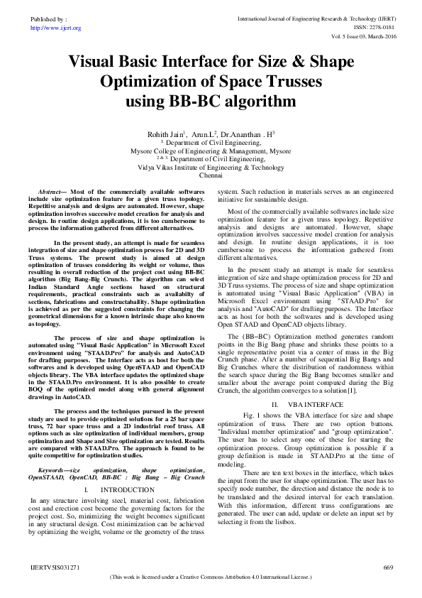 Pdf Ijert Visual Basic Interface For Size And Shape Optimization Of Space Trusses Using Bb Bc 9221