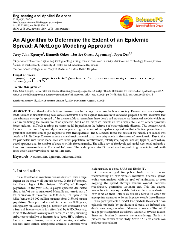 Pdf An Algorithm To Determine The Extent Of An Epidemic Spread A Netlogo Modeling Approach