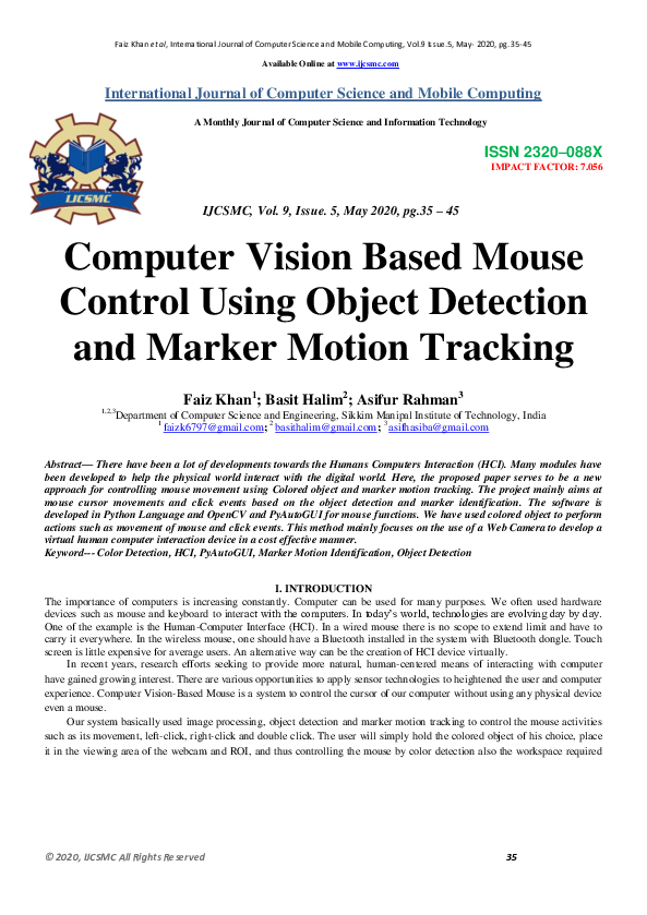 Pdf Computer Vision Based Mouse Control Using Object Detection And