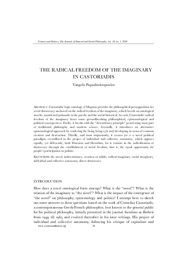 (PDF) THE RADICAL FREEDOM OF THE IMAGINARY IN CASTORIADIS