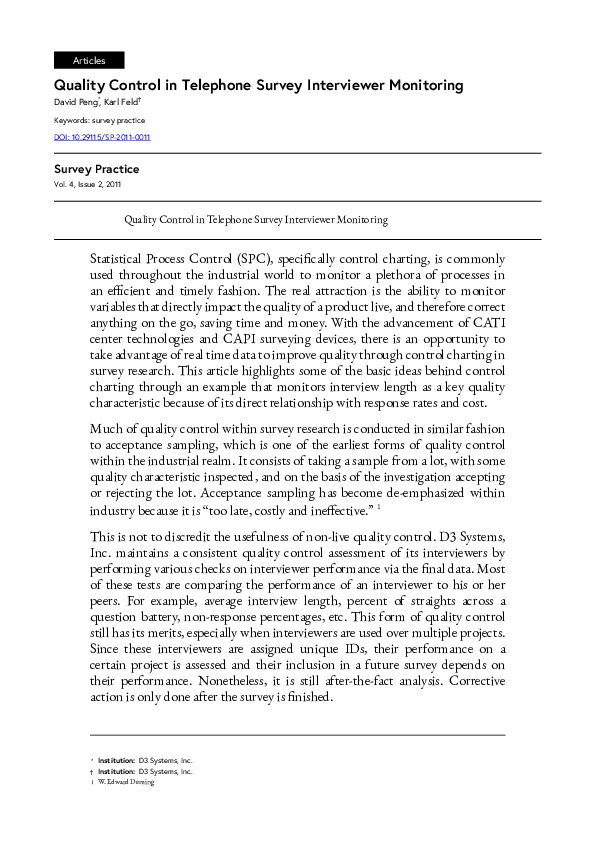 (PDF) Quality Control in Telephone Survey Interviewer Monitoring