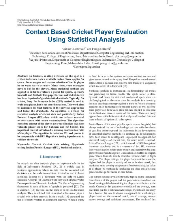Pdf Context Based Cricket Player Evaluation Using Statistical Analysis