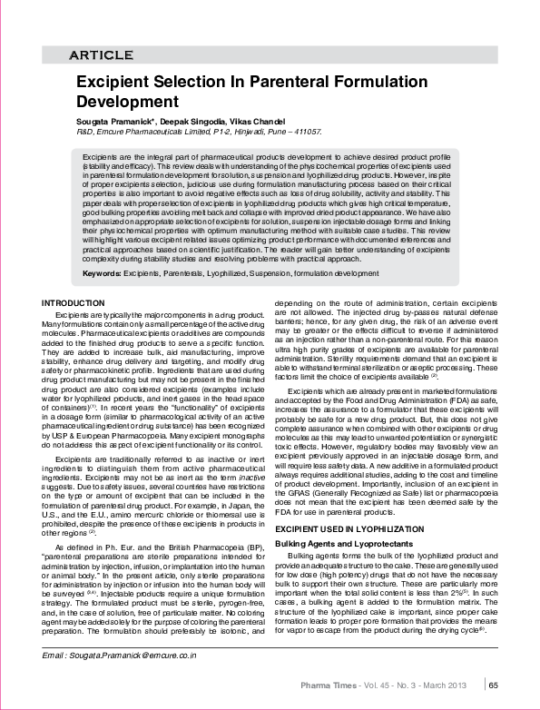 (PDF) Excipient Selection In Parenteral Formulation Development