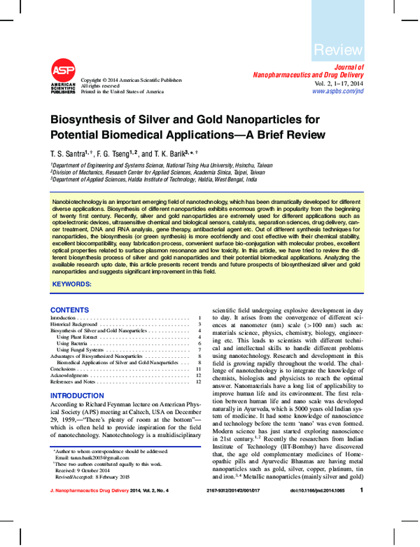 (PDF) Biosynthesis of Silver and Gold Nanoparticles for Potential Biomedical Applications—A ...