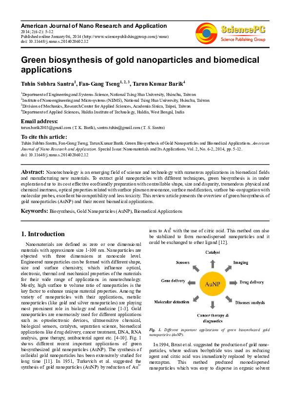(PDF) Green biosynthesis of gold nanoparticles and biomedical applications