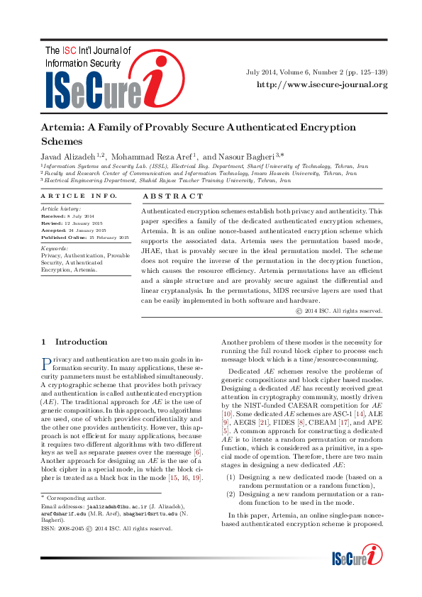 (PDF) Artemia: A Family of Provably Secure Authenticated Encryption Schemes