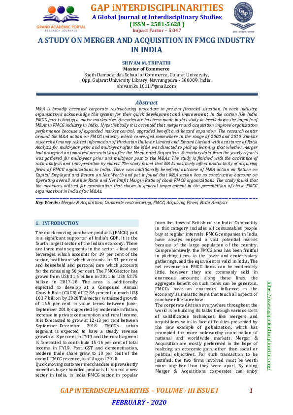 (PDF) A STUDY ON MERGER AND ACQUISITION IN FMCG INDUSTRY IN INDIA