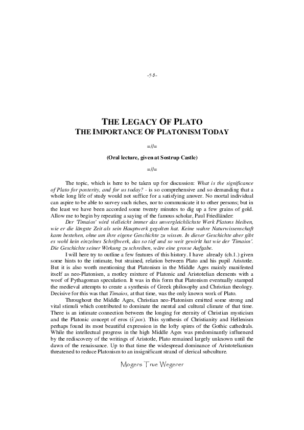 (PDF) THE LEGACY OF PLATO. The Importance of Platonism Today.
