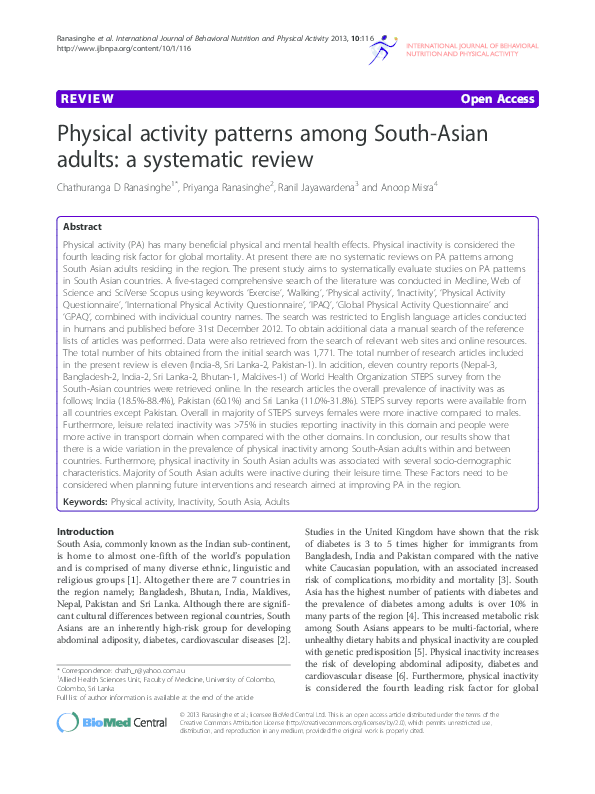 (PDF) Physical activity patterns among South-Asian adults: a systematic review