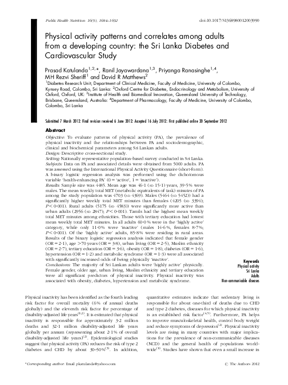 Pdf Physical Activity Patterns And Correlates Among Adults From A 9628