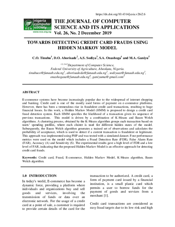 Pdf Credit Card Fraud Detection Using Hidden Markov Model And Enhanced Security Features