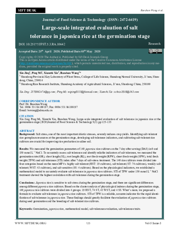 (PDF) Large-scale integrated evaluation of salt tolerance in japonica ...