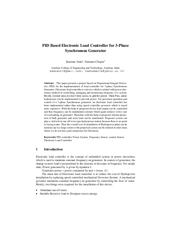 Pdf Pid Based Electronic Load Controller For 3 Phase Synchronous Generator