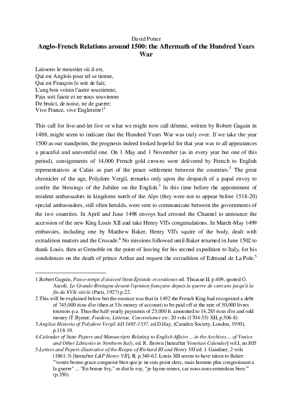 (PDF) Anglo-French Relations 1500: the Aftermath of the Hundred Years War