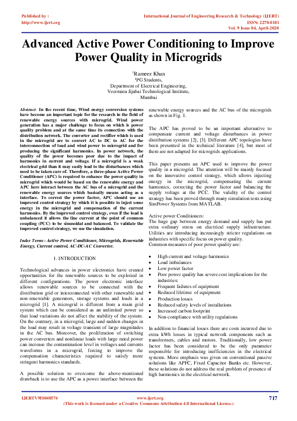 (PDF) IJERT-Advanced Active Power Conditioning to Improve Power Quality in Microgrids