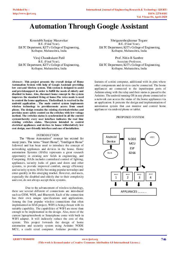 (PDF) IJERT-Automation Through Google Assistant