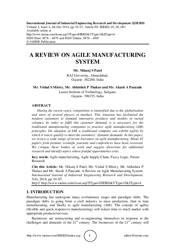 (PDF) A REVIEW ON AGILE MANUFACTURING SYSTEM