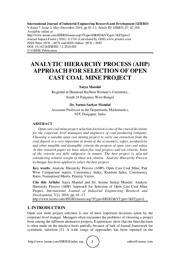 (PDF) ANALYTIC HIERARCHY PROCESS (AHP) APPROACH FOR SELECTION OF OPEN CAST COAL MINE PROJECT
