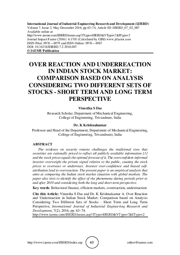 (PDF) OVER REACTION AND UNDERREACTION IN INDIAN STOCK MARKET ...