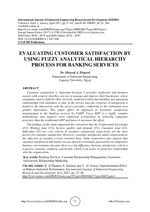 Pdf Evaluating Customer Satisfaction By Using Fuzzy Analytical Hierarchy Process For Banking