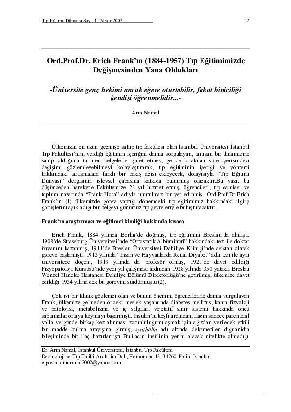 (PDF) Ord.Prof.Dr. Erich Frank’ın (1884-1957) Tıp Eğitimimizde ...