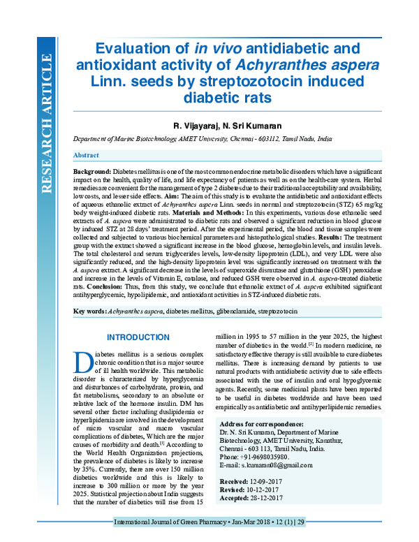 (PDF) Evaluation of in vivo antidiabetic and antioxidant activity of Achyranthes aspera Linn ...
