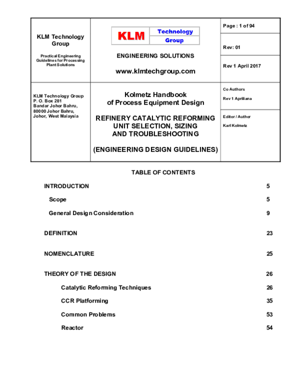 (PDF) REFINERY CATALYTIC REFORMING UNIT SELECTION, SIZING AND ...