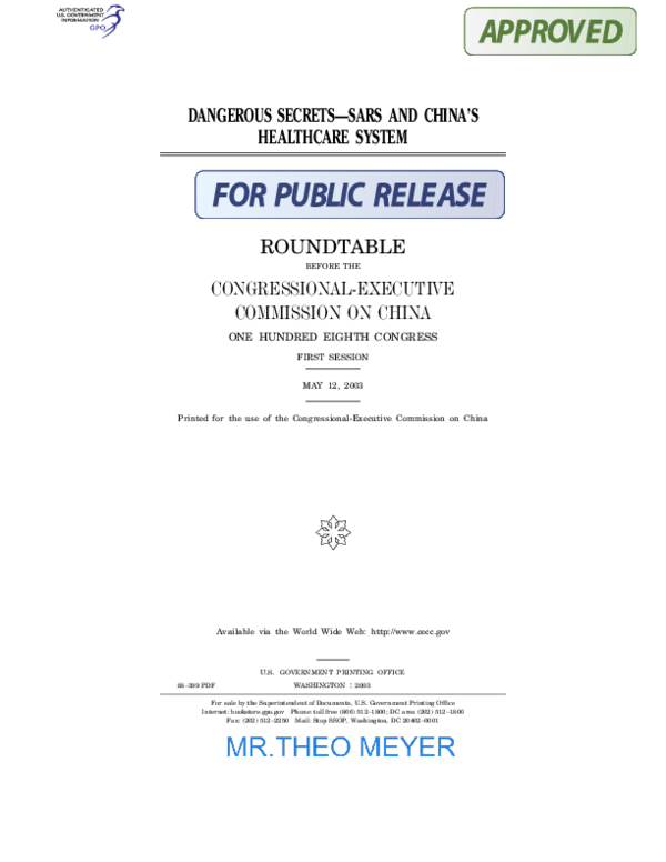(PDF) DANGEROUS SECRETS-SARS AND CHINA'S HEALTHCARE SYSTEM ROUNDTABLE ...